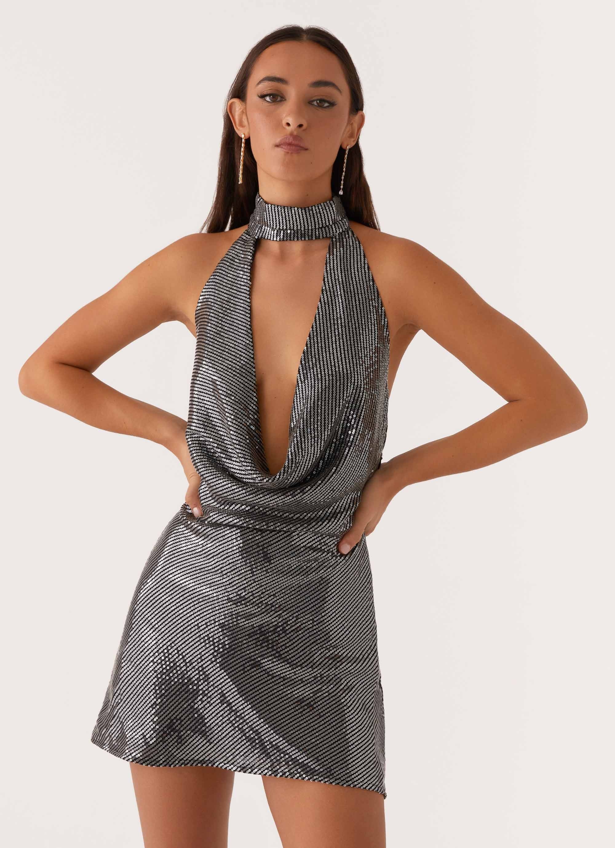 Nora Sequin Cowl Neck Mini Dress - Black – Peppermayo