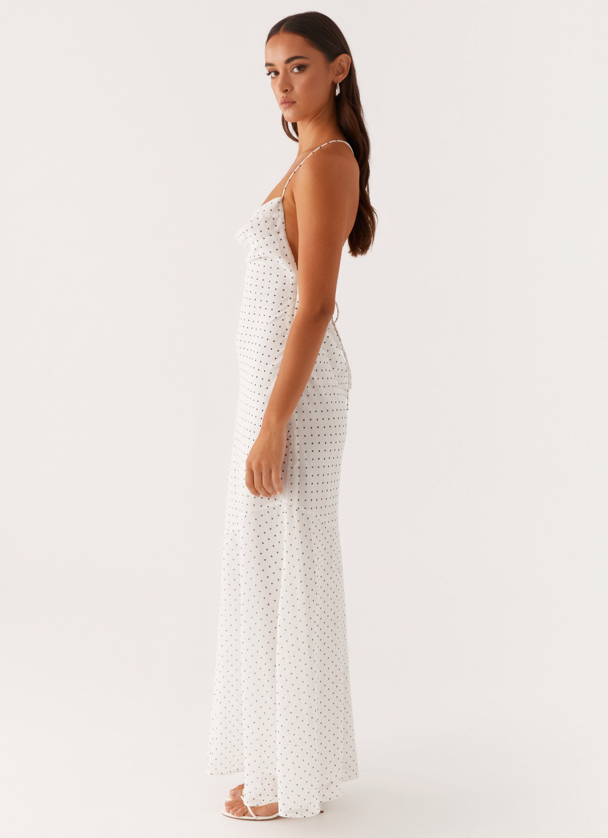 Alianna Cowl Neck Mesh Maxi Dress - White Polka Dot – Peppermayo
