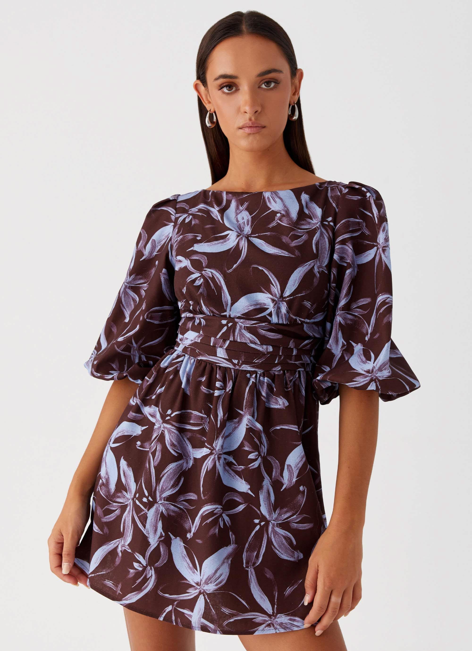Crystal Dreams Mini Dress - Brown Purple Floral – Peppermayo