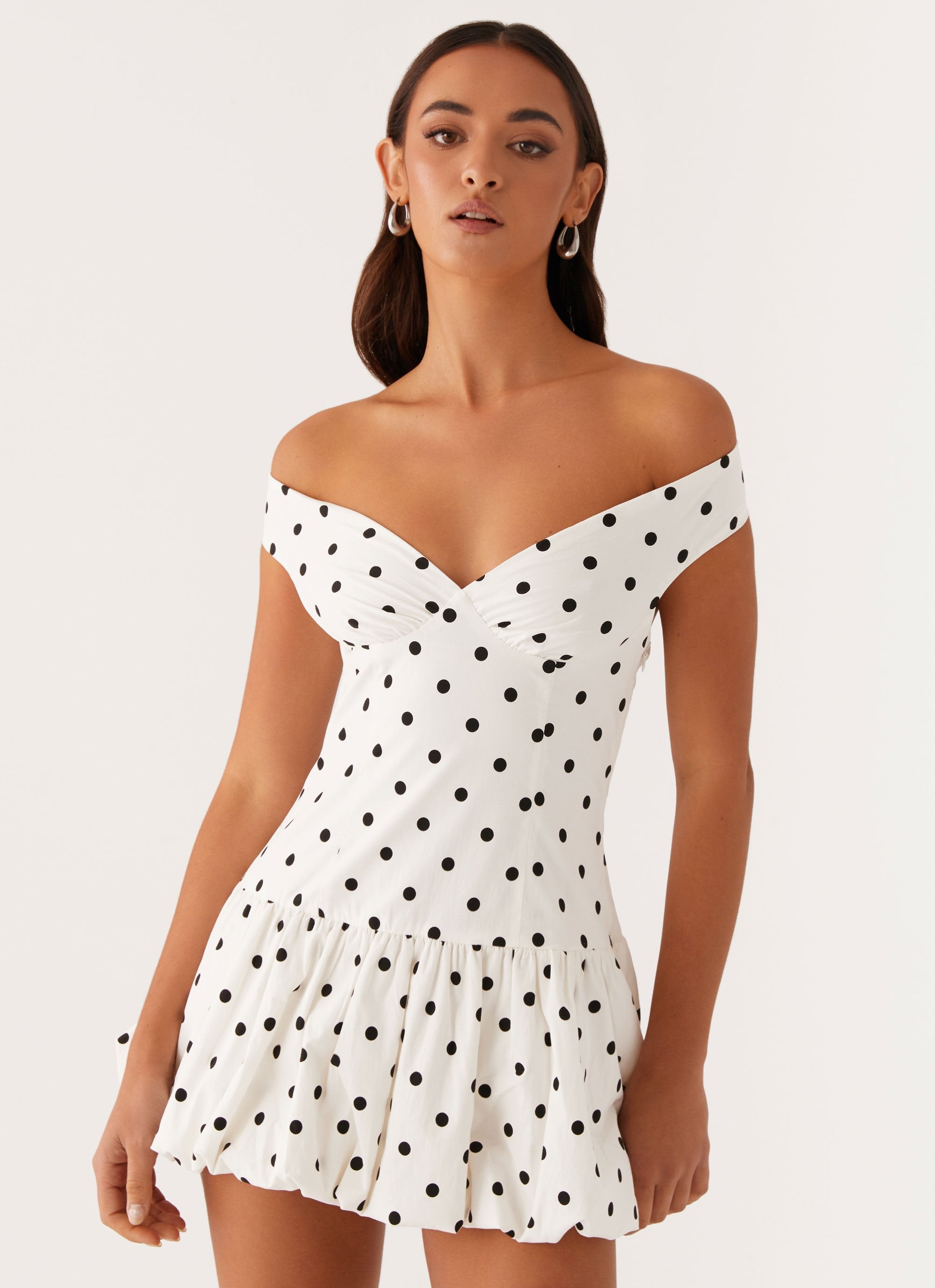 Endless Romance Off Shoulder Mini Dress - White Polka Dot – Peppermayo
