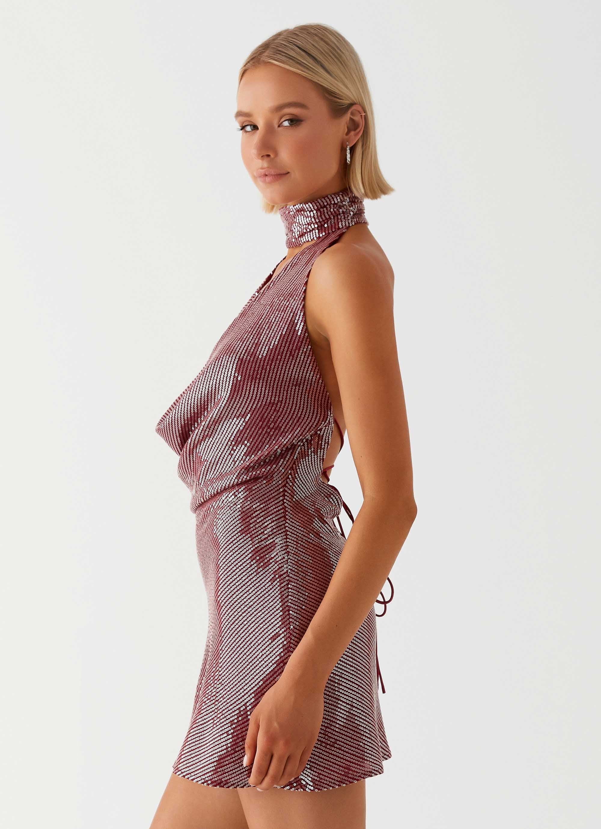 Nora Sequin Cowl Neck Mini Dress - Red – Peppermayo